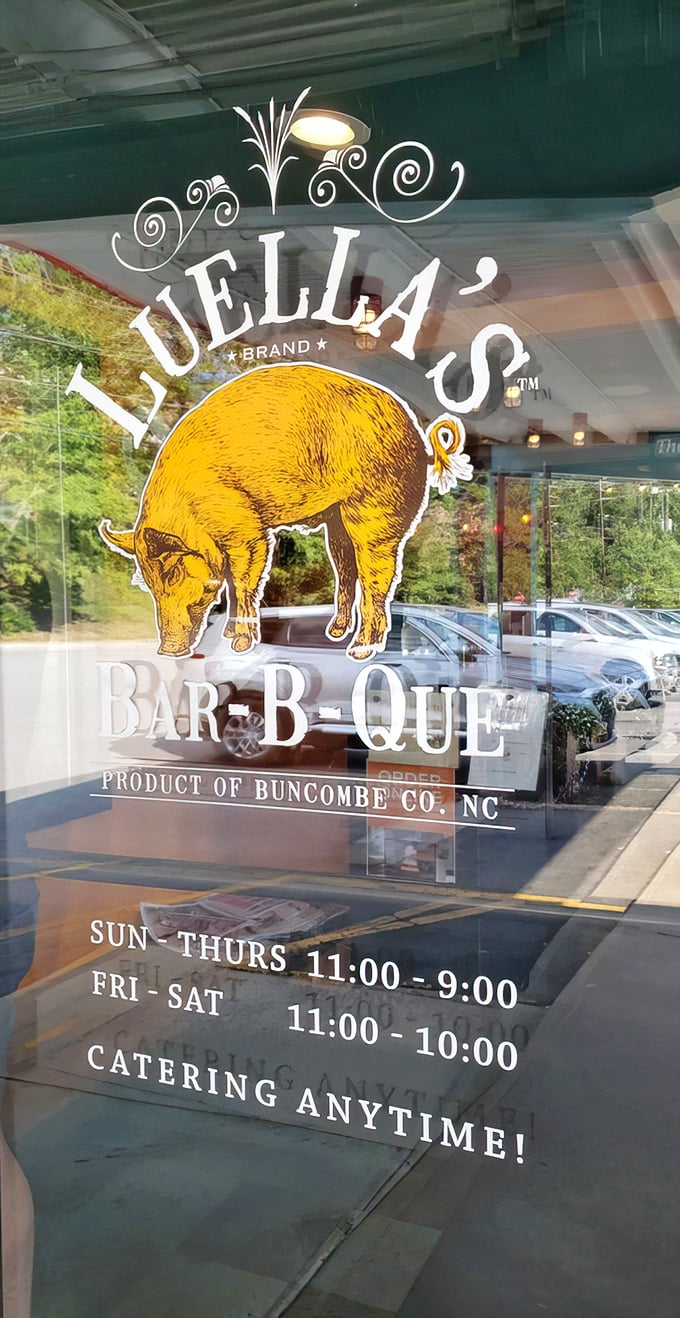The golden pig logo promises pork perfection, while the hours listed below are really just suggestions for when happiness is available.