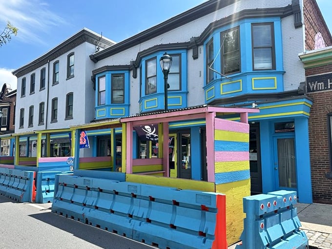 The whole colorful corner building stands out like a tropical bird landed in Pennsylvania – impossible to miss, impossible to resist.