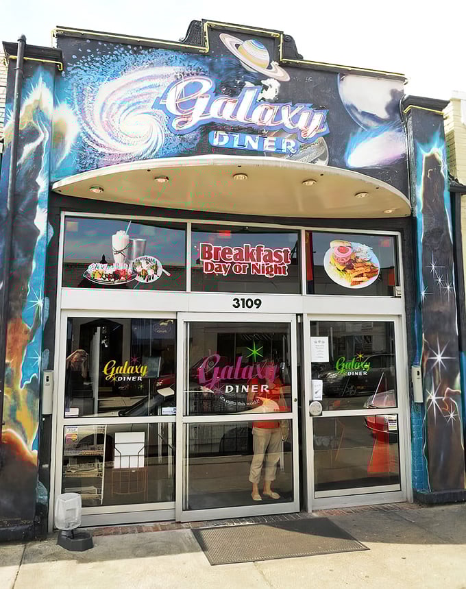 "Breakfast Day or Night" posted clearly because good food deserves proper scheduling and eager anticipation from patrons.