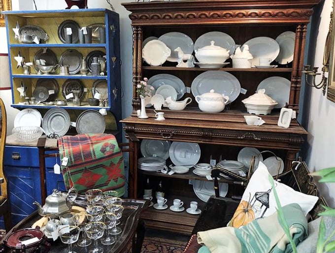 White china displayed like a family reunion of dishes—some related, some adopted, all welcomed into the collection with equal affection.