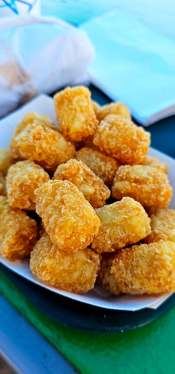 Golden tater tots with the perfect crunch-to-softness ratio—the supporting actors that steal the show in The Barn's famous California Burrito.