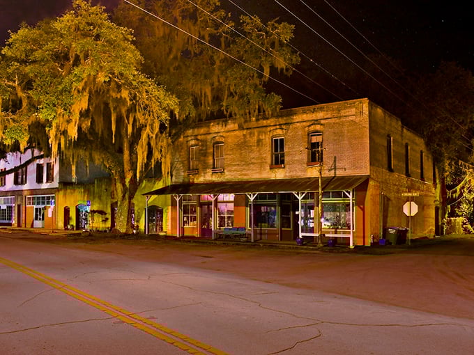 As night falls, Micanopy's historic buildings glow with warm light, transforming the town into a stage set for small-town nostalgia.