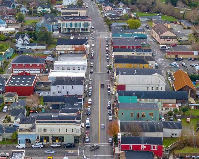 From a bird's eye view, Ferndale's Main Street reveals itself as the backbone of this perfectly preserved Victorian village nestled in California's verdant Eel River Valley.