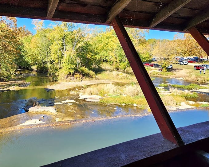 The view from inside the bridge reveals the creek's gentle flow and autumn foliage—nature's way of showing off while you're already impressed. 