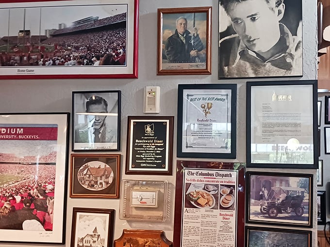 Wall-to-wall memories and local pride, including Ohio State Buckeyes memorabilia—the visual equivalent of comfort food for Columbus natives.