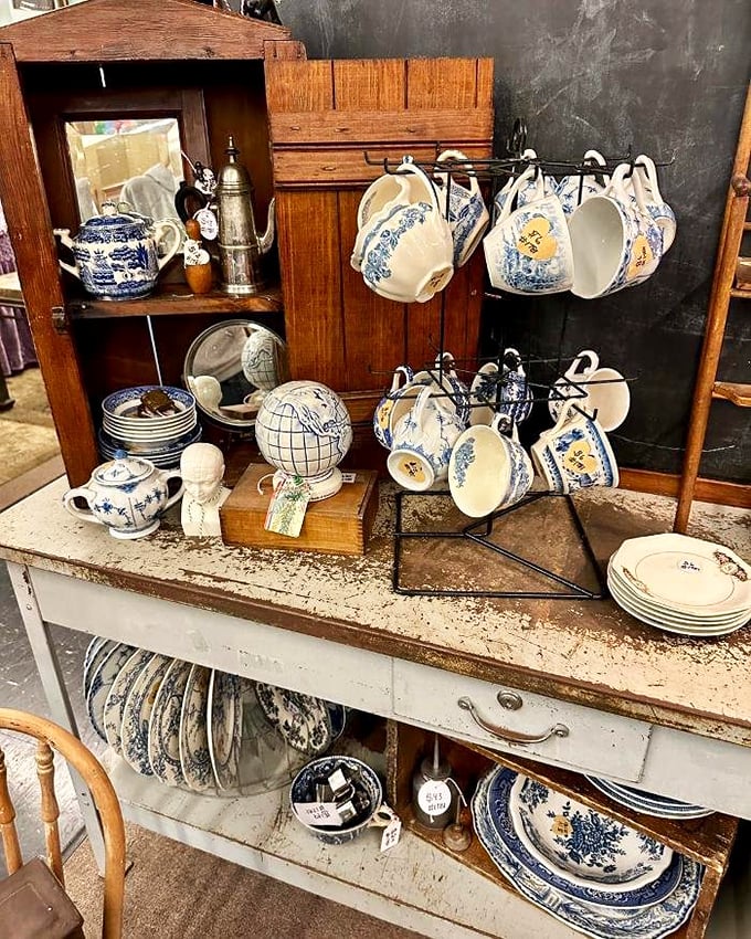 Blue and white china that's survived decades of family dinners. These pieces have stories baked into them no new dinnerware can match.