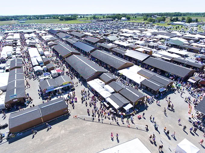 The magnificent scope revealed! This aerial view shows the true scale of Shipshewana's shopping empire—where getting lost is half the adventure.