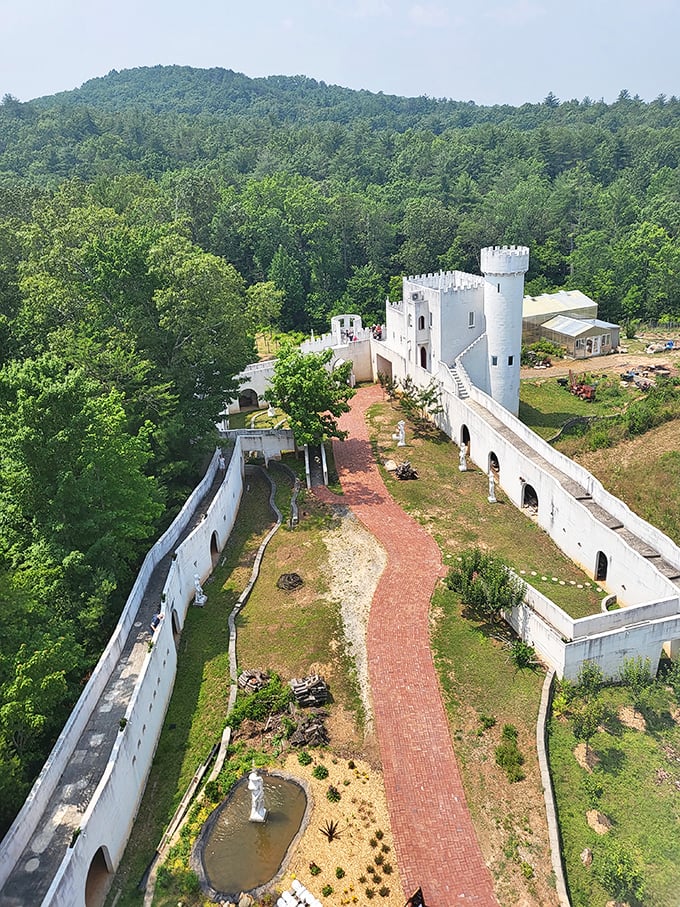 This bird's-eye perspective reveals the castle's impressive layout, complete with winding pathways that practically demand exploration.