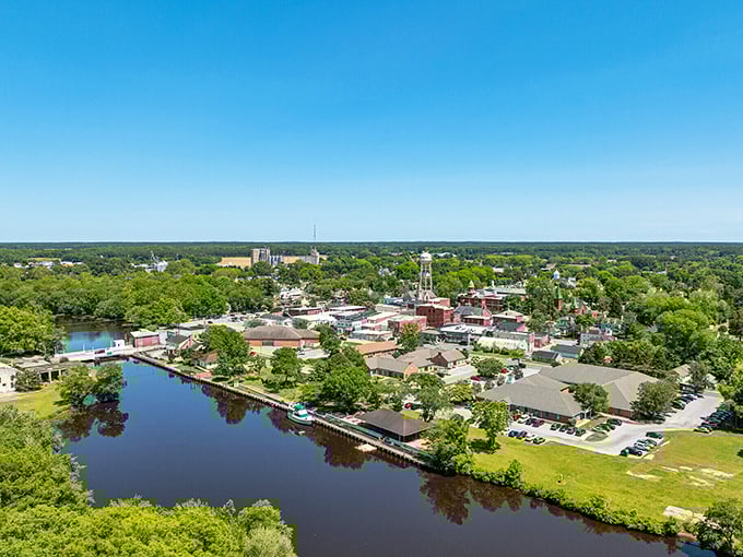 From above, Snow Hill reveals its perfect balance—historic downtown nestled against the winding Pocomoke River, surrounded by the lush Eastern Shore landscape.