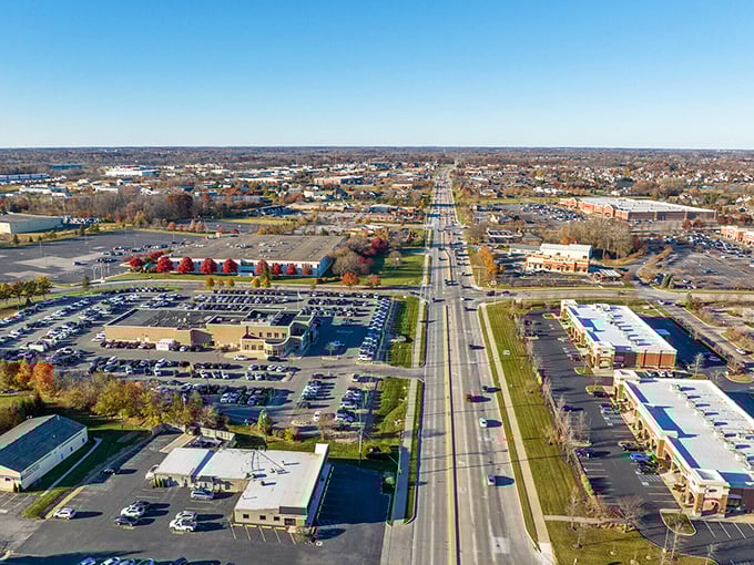 From above, Zionsville reveals its thoughtful planning—a perfect balance of commercial convenience and residential charm stretching toward the horizon.