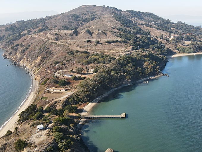 From above, Angel Island reveals its perfect teardrop shape – a gem set in San Francisco Bay's sparkling waters, waiting to be explored.