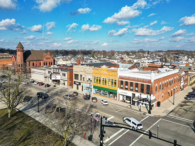 From above, Celina's downtown reveals its perfect small-town geometry—a testament to Midwestern urban planning that puts community at the center.
