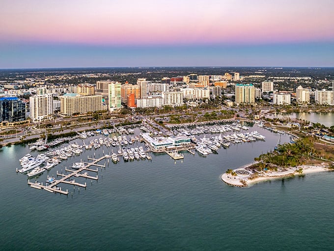Sarasota's marina and skyline glow with sunset promise, a watercolor painting where boats, buildings, and nature achieve perfect harmony.