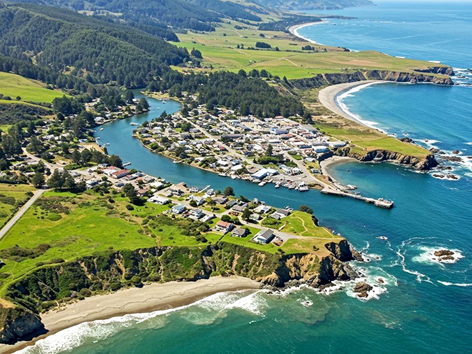 From above, Gualala reveals its perfect positioning – nestled between forest, river, and sea like nature's ideal sandwich.