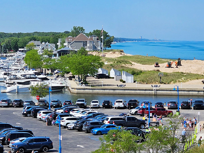 The bird's-eye view reveals New Buffalo's perfect balance – where harbor meets beach, where civilization meets nature, where everyday life meets vacation.