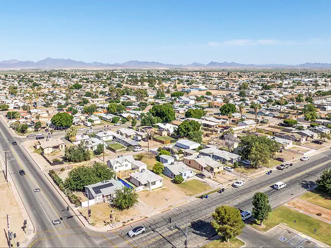 From above, Blythe reveals itself as a patchwork of modest homes and green spaces, surrounded by desert vastness and mountain majesty that costs nothing to admire.