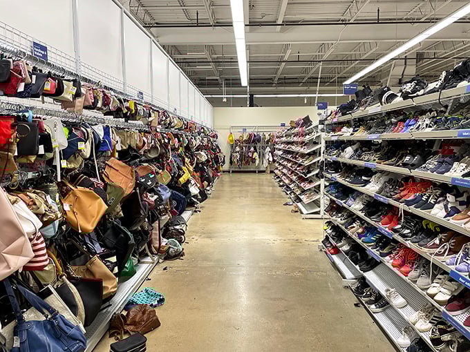 The perfect aisle shot—shoes to the right, handbags to the left, creating a bargain hunter's version of the yellow brick road.
