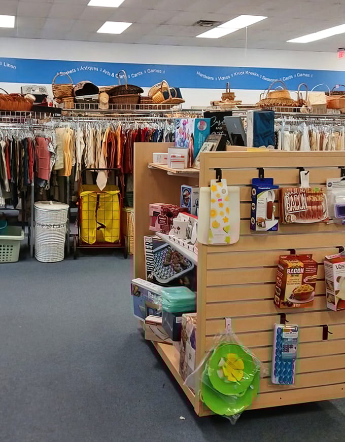 Clothing racks organized by type and size—a rarity in thrift world. That blue stripe along the wall guides you through departments like a helpful retail river.