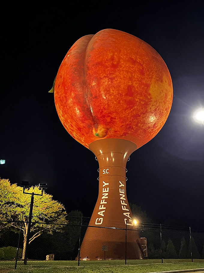 By night, the illuminated Peachoid takes on an almost otherworldly glow. E.T. would definitely phone home about this one.