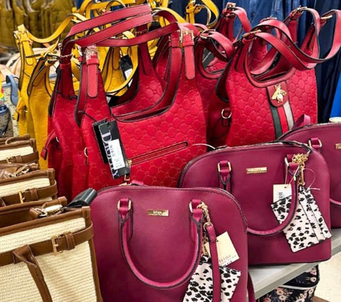 Designer-inspired handbags in vibrant reds and pinks – the ultimate "no one will ever know how little you paid" accessories.