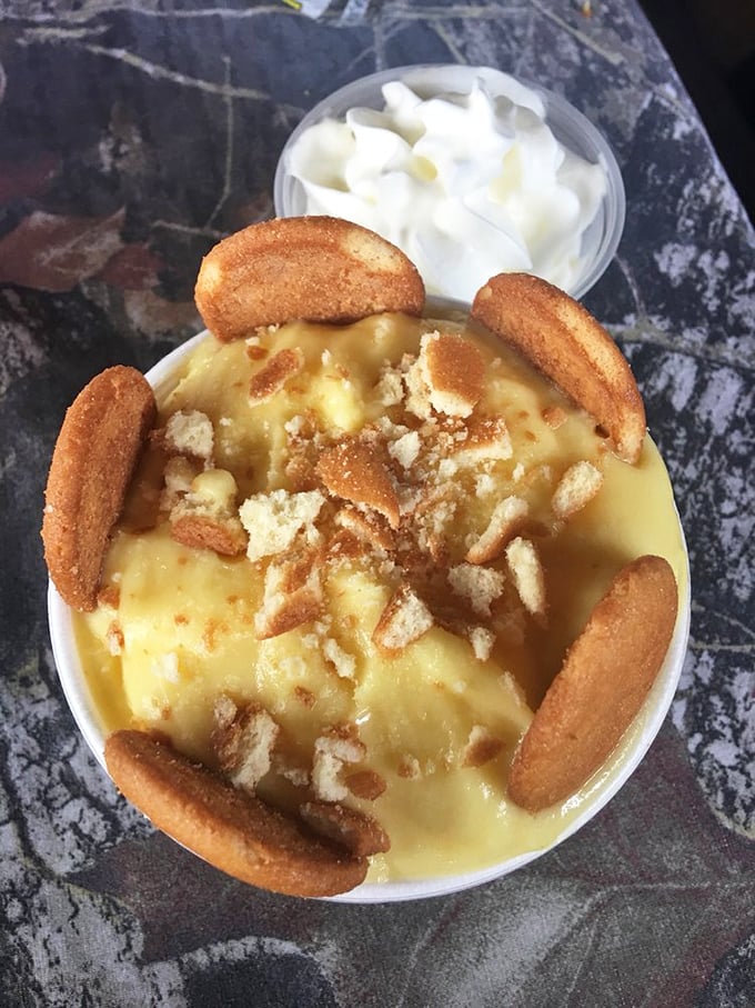 Banana pudding with vanilla wafers—the dessert equivalent of a warm hug from grandma. The perfect sweet finale to a smoky symphony.