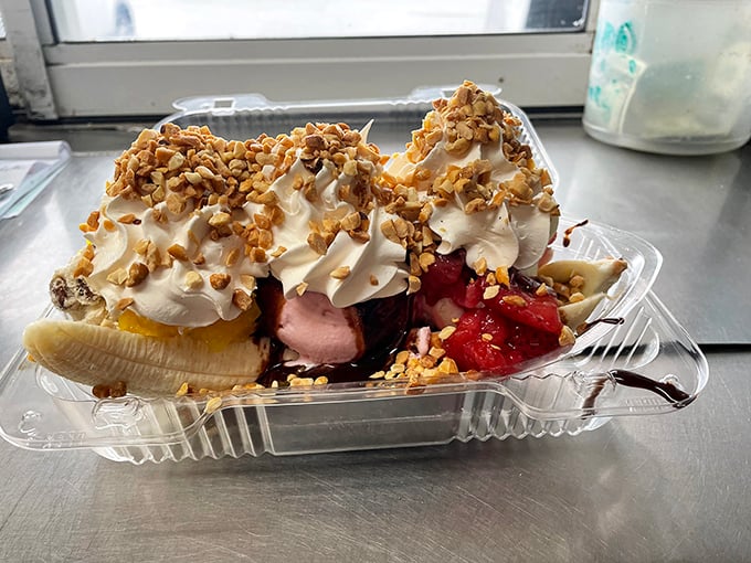 A banana split so magnificent, it makes other desserts question their life choices – pure ice cream architecture.