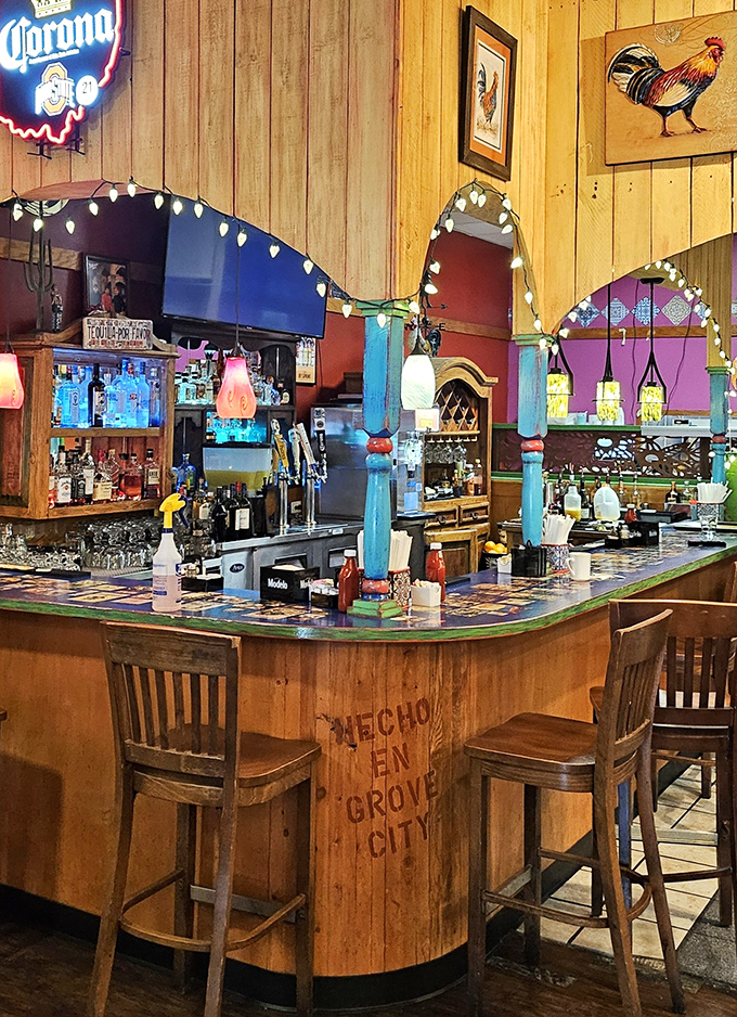 This bar counter tells stories without saying a word. Colorful, whimsical, and distinctly Grove City—it's where locals gather when breakfast turns to happy hour.