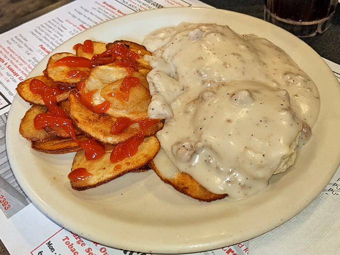 Biscuits and gravy—the Southern comfort classic that found a loving home in Indiana. That gravy could end family feuds.