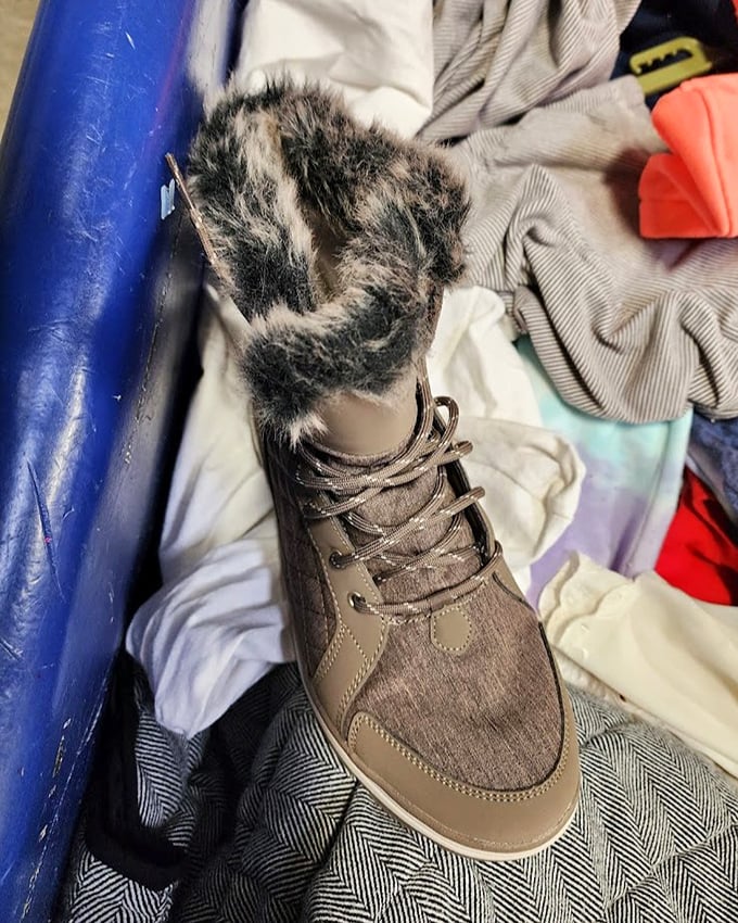 Winter-ready fashion finds hiding in plain sight – fur-trimmed boots emerge from the textile jungle, practically begging for snowy adventures.