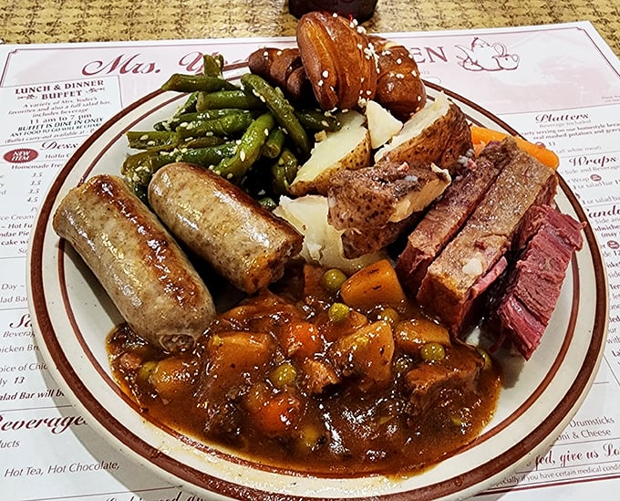 The buffet plate of champions—where vegetables are merely decorative accessories to the real stars of meat and potatoes.