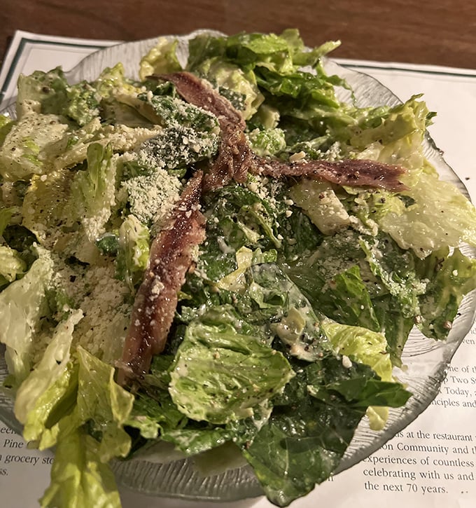 A Caesar salad that Julius himself would approve—crisp romaine, savory dressing, and those anchovy fillets that transform good to extraordinary.