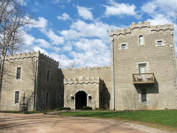 Blue skies create a perfect backdrop for Ravenwood's impressive towers and battlements—medieval architecture that somehow looks right at home in Ohio.
