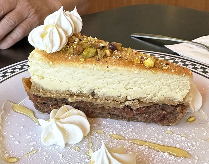 Cheesecake that defies physics – impossibly light yet substantial, crowned with pistachios and whipped cream that melts into pure happiness.
