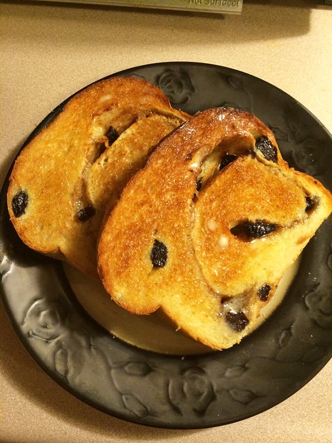 Cinnamon raisin bread that makes regular toast seem like it's not even trying. Perfect vehicle for that honey you bought.