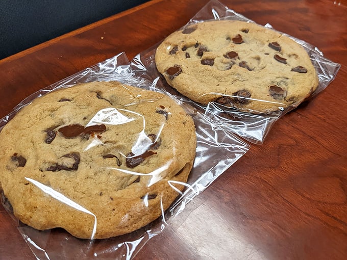 Chocolate chip cookies the size of small planets—the perfect sweet finale to a sandwich experience that's already reached legendary status.