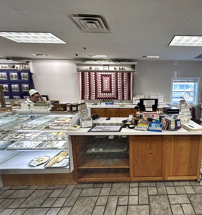 The bakery counter - where dreams come true and willpower goes to die. That quilt hanging behind is a nice touch.