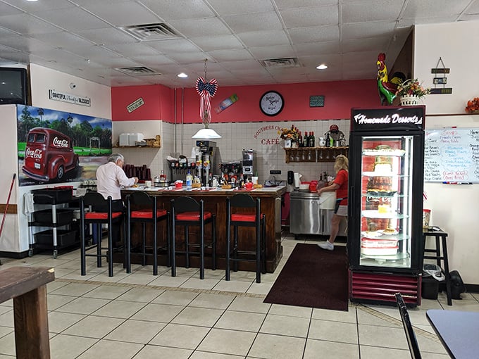 The counter seating area—where solo diners become regulars and the coffee is always hot. This is where breakfast philosophies are exchanged like currency.