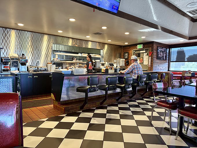 Counter seating: where solo diners become part of the Hot Rod family and the checkered floor reminds you that life's a race to good food.