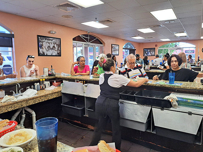 The bustling counter scene where regulars gather like family, sharing stories and strong coffee in true Cuban café tradition.