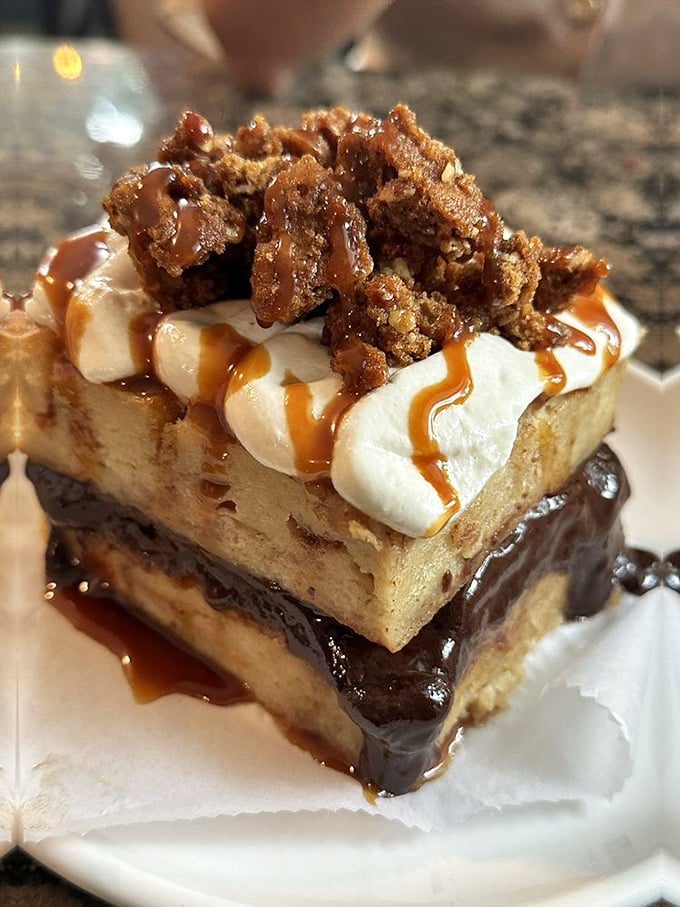 Not just dessert, but a towering architectural achievement of cake, chocolate, whipped cream and caramel – spoons required immediately.