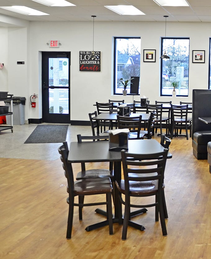 Clean, bright, and welcoming—the dining area invites you to sit and savor rather than rush away with your precious cargo.