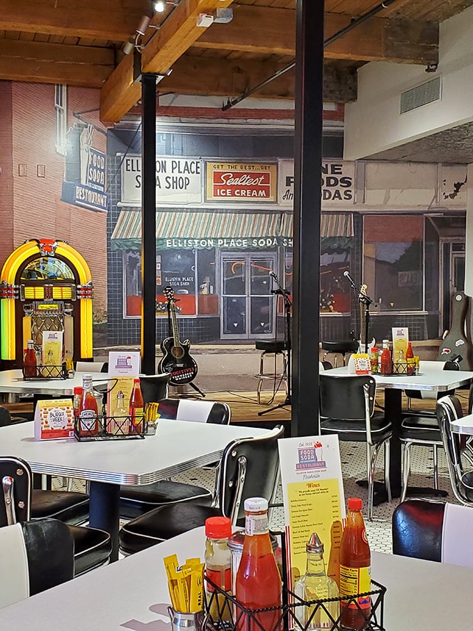 Vintage signs and a classic jukebox create the perfect backdrop for meals that matter—where conversations flow as easily as the coffee refills. 