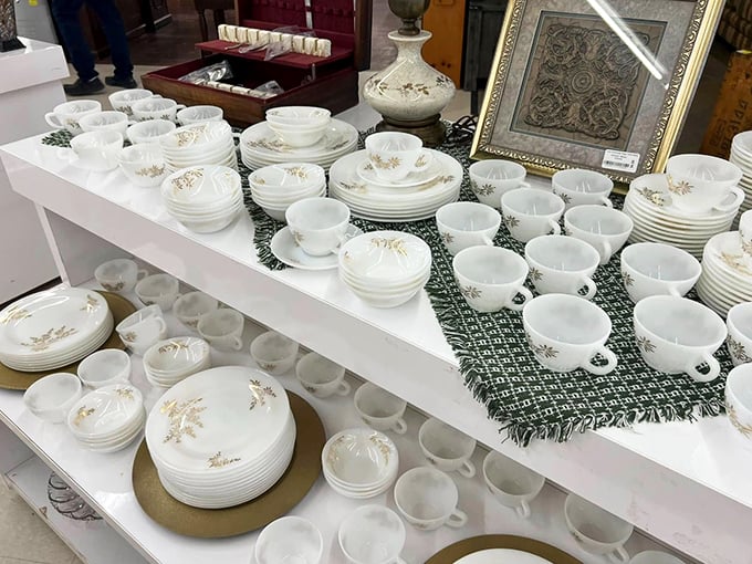 Complete dinnerware sets await their next dinner party debut—because nothing says "I've got my life together" like matching plates and teacups.
