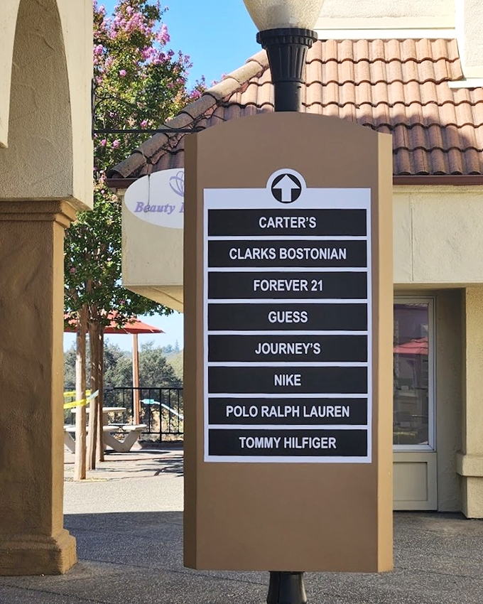 The directory sign stands as a treasure map to retail nirvana, pointing the way to fashion finds and bargain bonanzas throughout the outlet center.