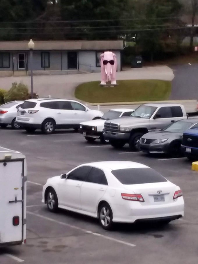 Even from a distance, there's no mistaking that distinctive silhouette – Ellie stands as a pink beacon in a sea of parking lot normalcy.