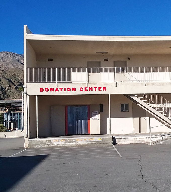Where the magic begins: the donation center against a backdrop of classic desert mountains. Yesterday's closet cleanouts become tomorrow's treasures.
