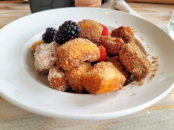 Donut holes that didn't just get dusted with cinnamon sugar – they got completely immersed in it. Berries add the illusion of healthfulness we all need.