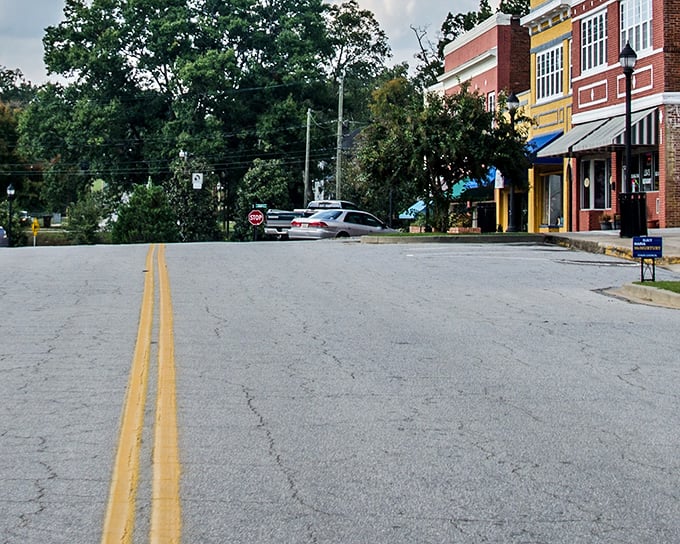 Looking down Whitmire's main thoroughfare reveals the rhythm of the town – quiet streets, historic buildings, and endless sky.