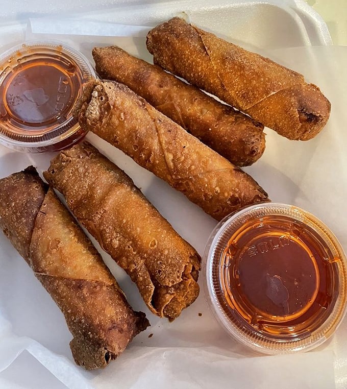 Egg rolls that defy categorization—crispy, golden tubes of deliciousness served with sweet dipping sauce. Fusion food before fusion was cool.