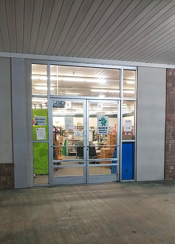 The entrance at night, glowing with promise. Like a beacon of affordability in a sea of inflation, beckoning shoppers to discover treasures within.